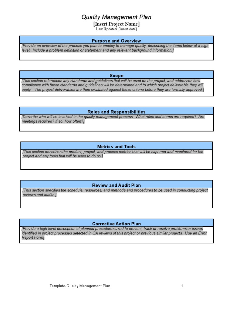 Project Quality Management Plan Template