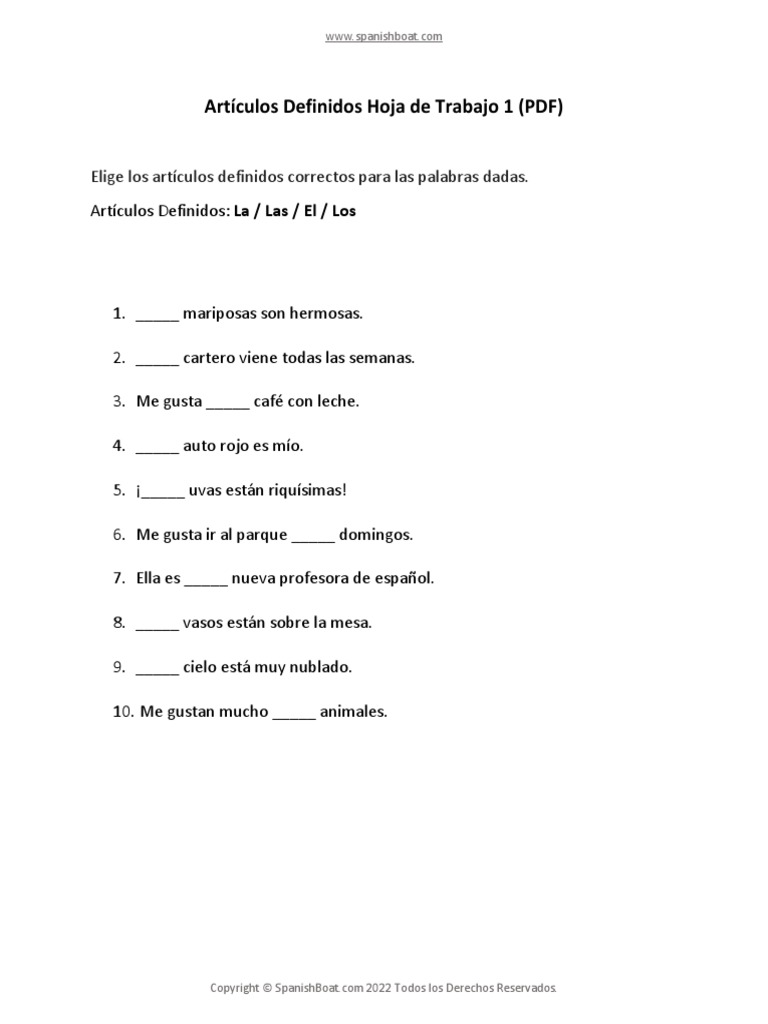 Articulos Definidos Hoja de Trabajo 1 | PDF