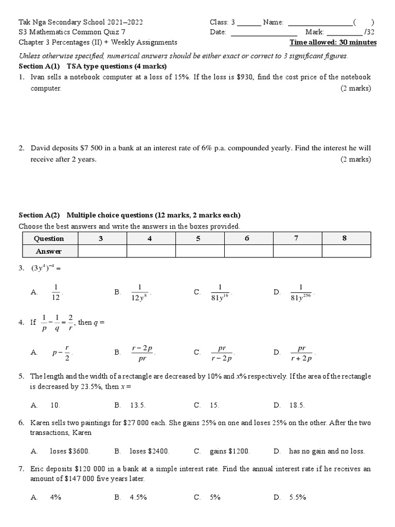 S3 Math Quiz: Percentages & More | PDF | Interest | Interest Rates