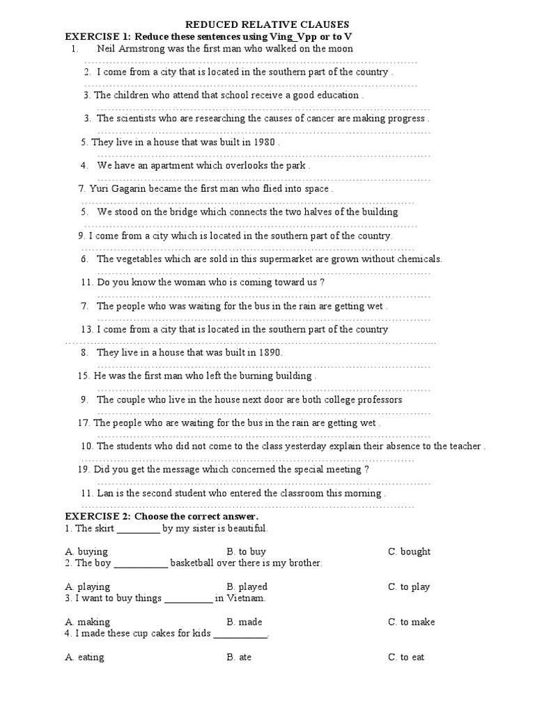 Reduced Relative Clauses EXERCISE 1: Reduce These Sentences Using Ving ...