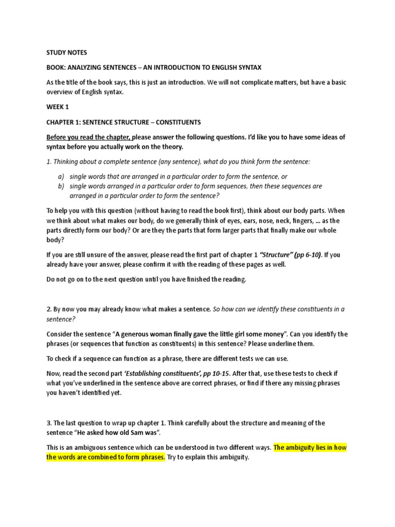 Sentence Analysis Chapters 1-2 | PDF | Phrase | Syntax