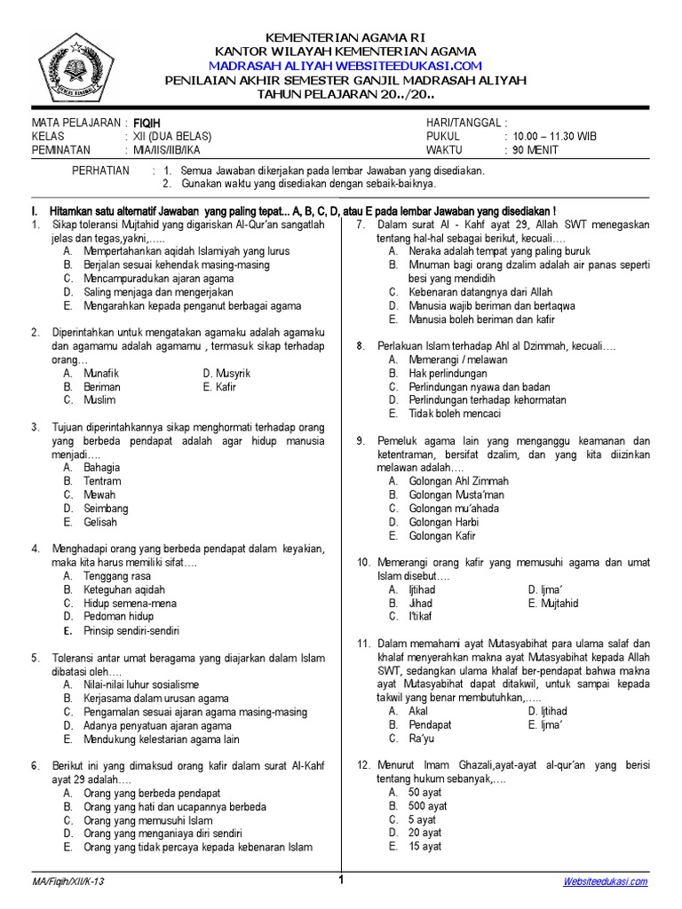 Soal PAS Fiqih Kelas XII K13 | PDF