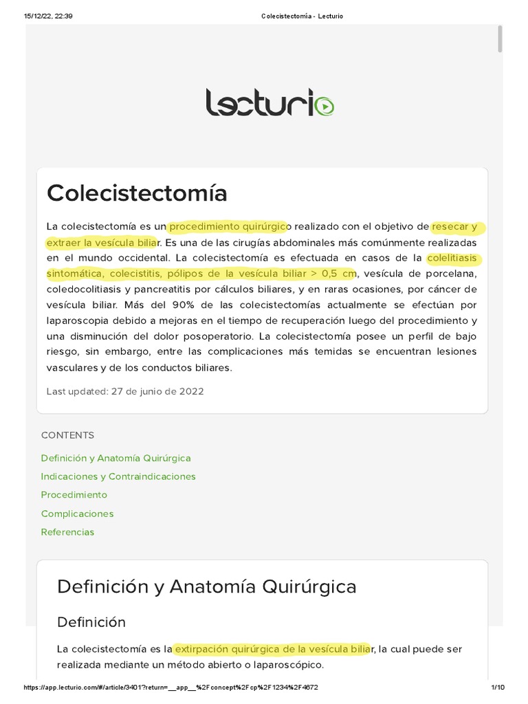 Indicaciones y Procedimiento de Colecistectomía | PDF | Vesícula biliar ...