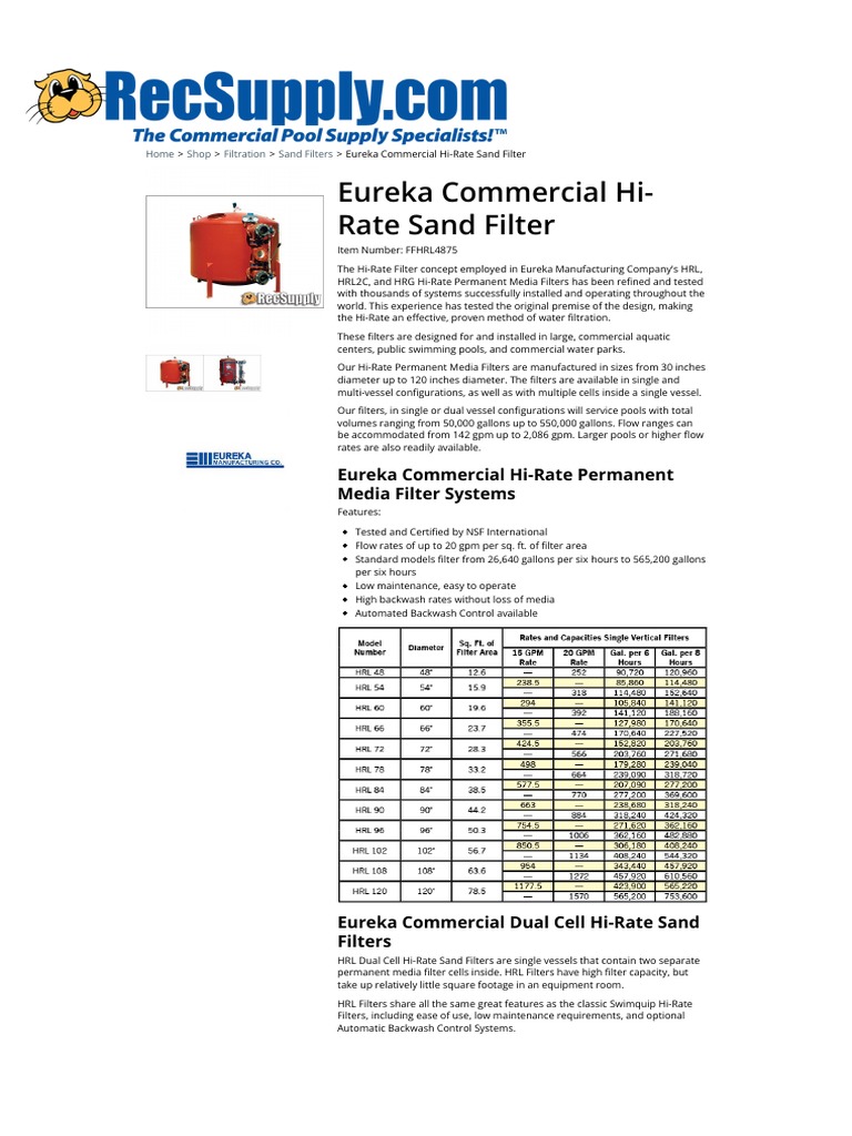 Eureka Commercial Hi-Rate Sand Filter | PDF