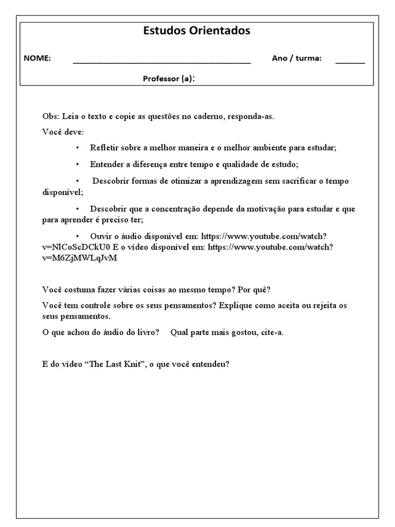Estudos Orientados Aula 05 | PDF | Artes Linguísticas e Disciplina ...