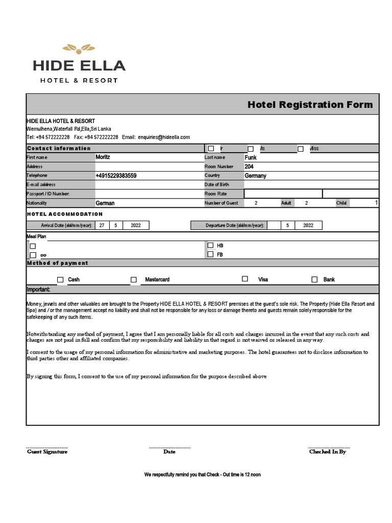 Guest Registration Form - Hide Ella Hotel | PDF | Visa Inc. | Payments