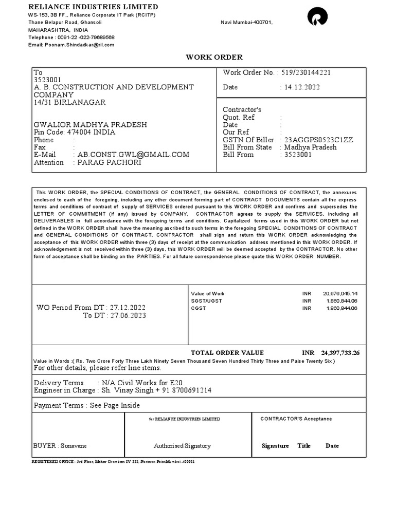 E20 CVL Work Order | PDF | Concrete | Employment