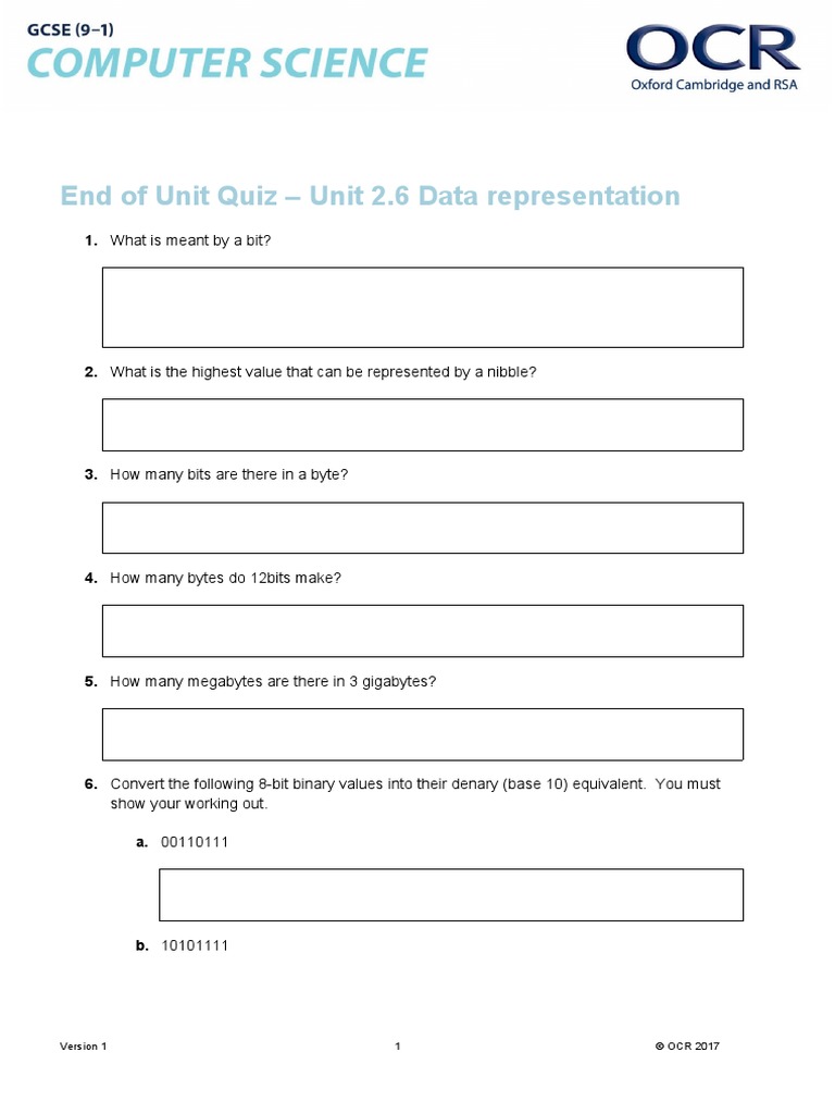 2.6 Data Representation End of Unit Quiz | PDF | Data Compression ...