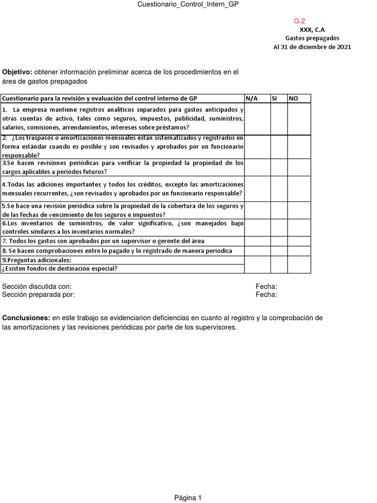 Formato de Cuestionario Control Interno PDF | PDF