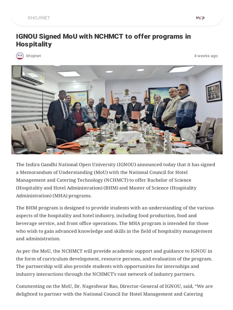 IGNOU Signed MoU With NCHMCT To Offer Programs in Hospitality ...