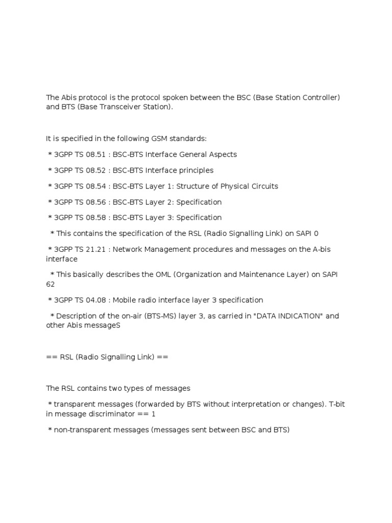 Abis Protocol: BSC-BTS Interface Guide | PDF | Communications Protocols ...