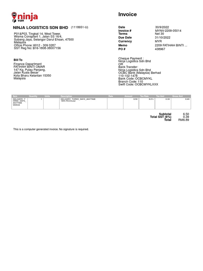 Invoice for Ninja Logistics Services | PDF | Economies | Banking