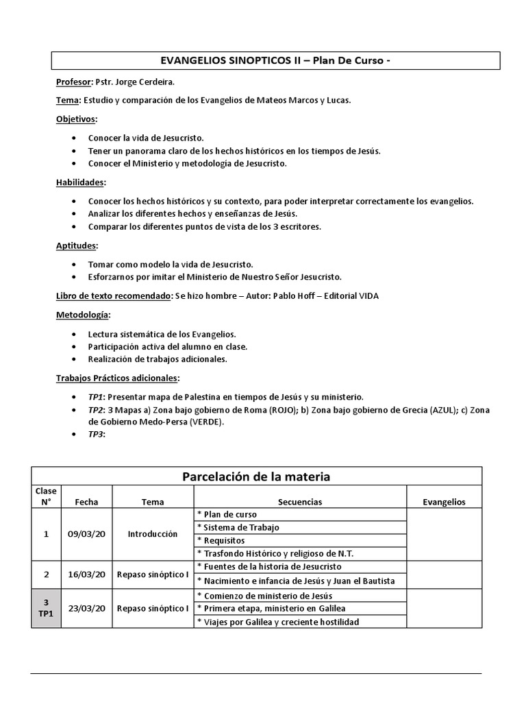 EVANGELIOS SINOPTICOS II - Plan de Curso | PDF | Jesús | Evangelio de Mateo