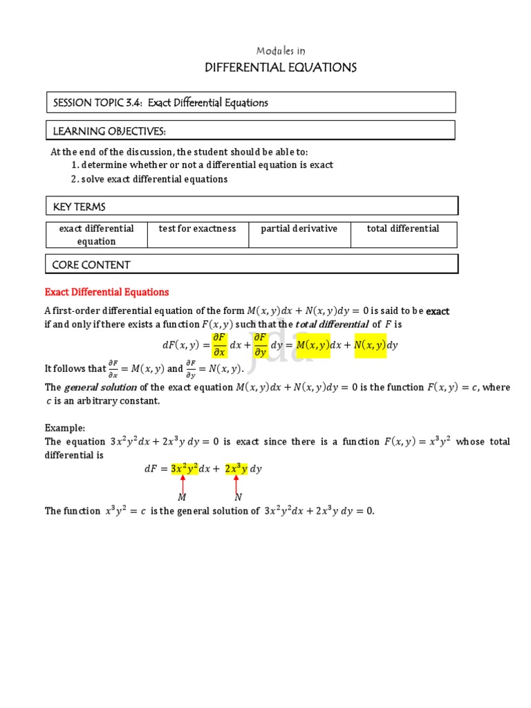 MTHN31E - Topic 3.4 - Exact Diffl Equations | PDF | Differential ...