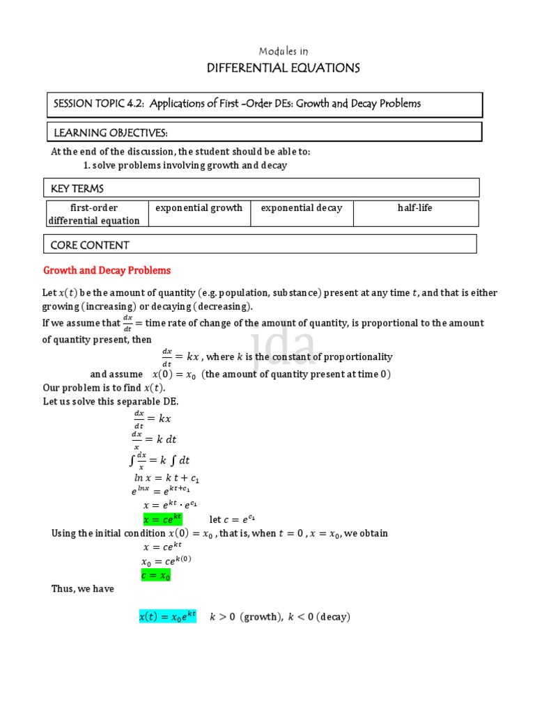MTHN31E - Topic 4.2 - Applications of First-Order DEs - Growth Decay Problems | Download Free ...