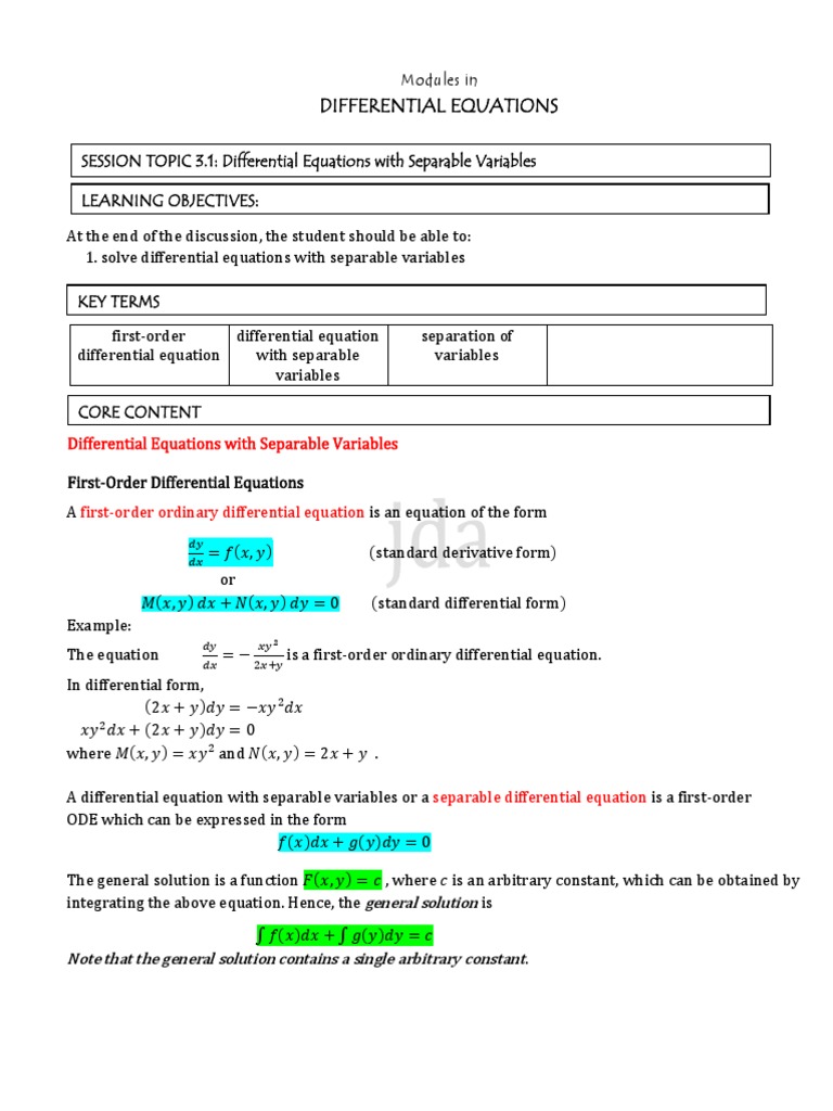 Mthn31e Topic 3 1 Differential Equations With Separable Variables