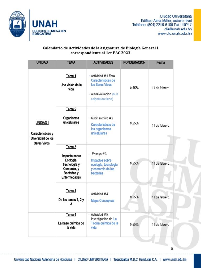 Calendario de Biologia General I-IPAC 2023 | PDF | Biología Celular ...