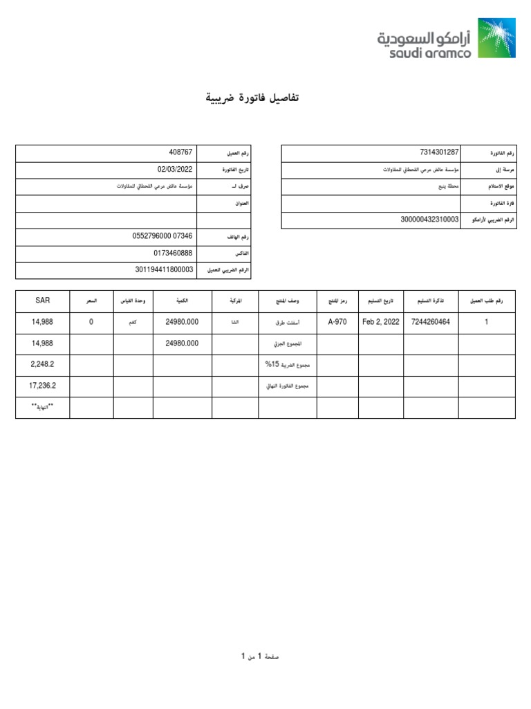 Details of a Tax Invoice for Asphalt Provided to a Construction Company ...