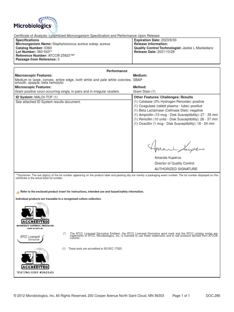 Staphylococcus Aureus ATCC 25923 | PDF | Staphylococcus | Organisms