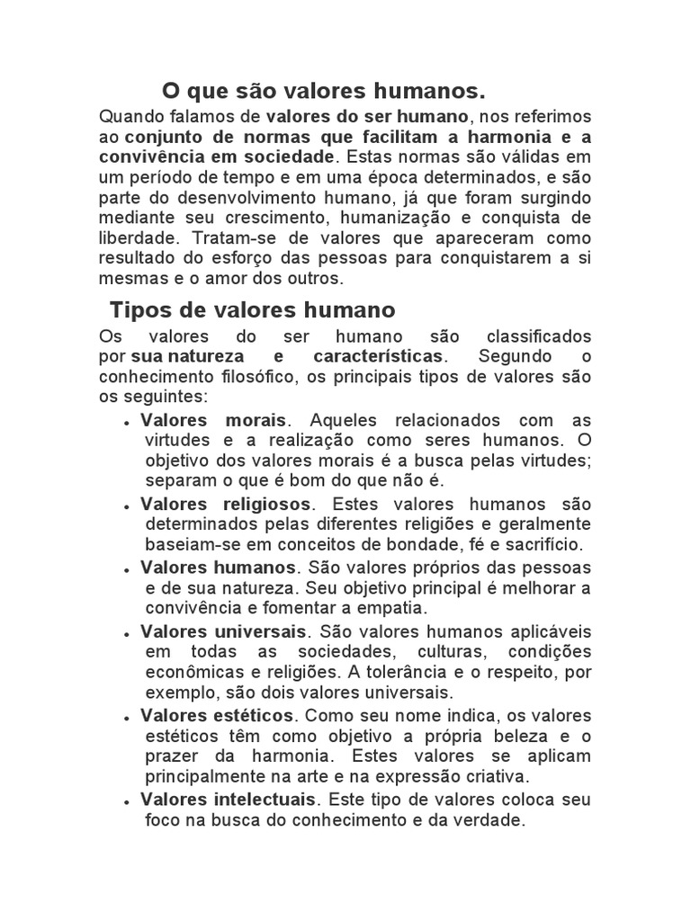 Os principais tipos de valores humanos e suas características | PDF ...
