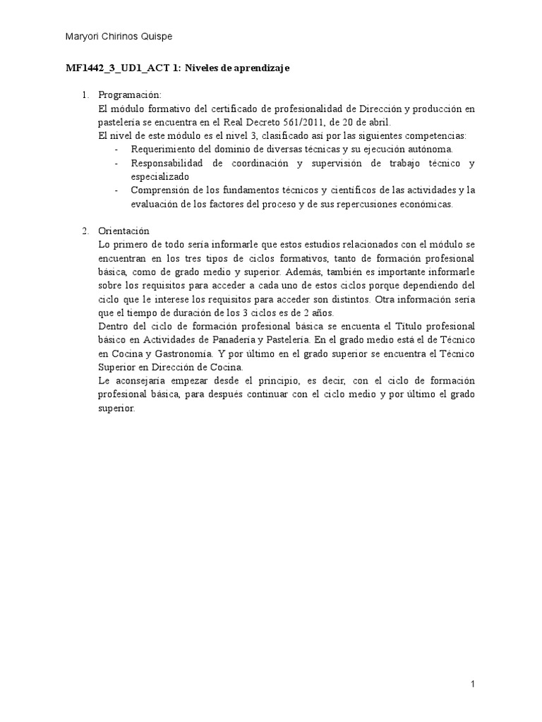 MF1442 - 3 - UD1 - ACT 1 - Niveles de Aprendizaje PDF | PDF | Negocios