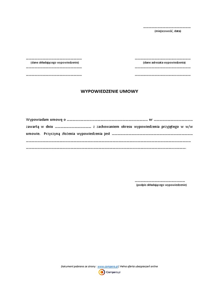 Urzedowe Wypowiedzenie Umowy Wzor Uniwersalny PDF | PDF
