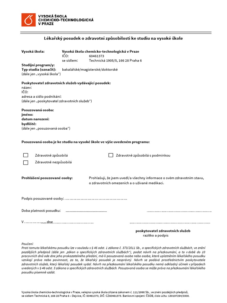 Požadavky Na Zdravotní Způsobilost Formulář Pro Potvrzení Od Lékaře | PDF