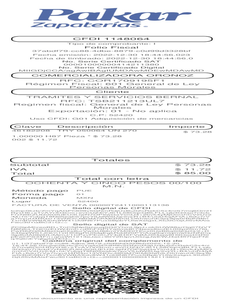 Factura Comercializadora Oronoz H87 | PDF