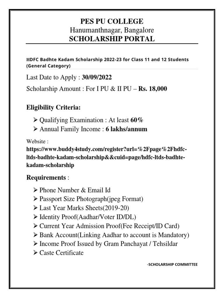 HDFC Badte Kadam and J K Lakshmi Scholarship | PDF
