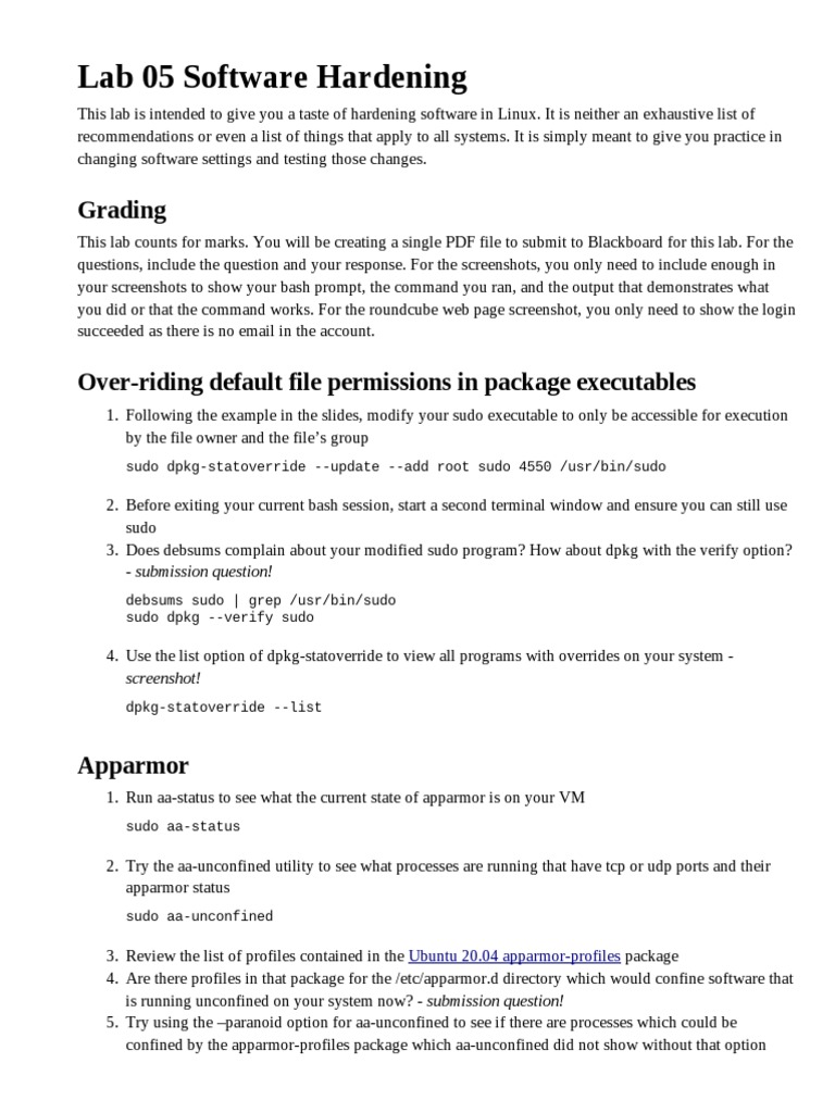 Lab 05 Software Hardening - NETS1028 | PDF | Sudo | Superuser
