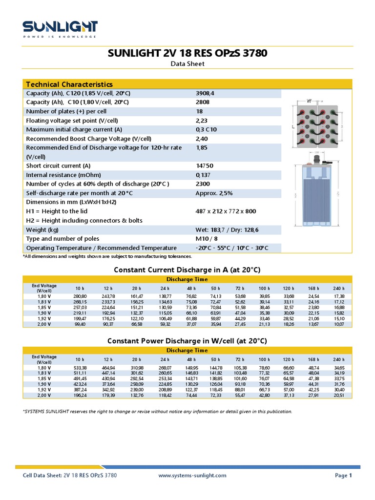 2V 18 RES OPzS 3780 Data Sheet PDF | Download Free PDF | Physical ...