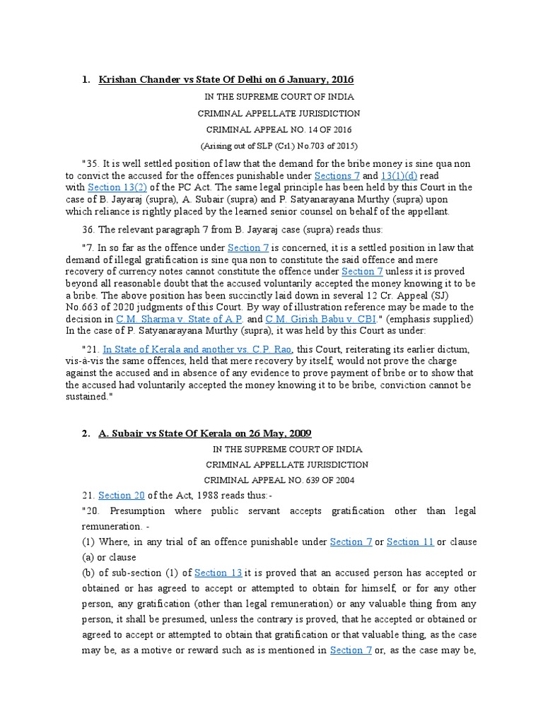 Krishan Chander Vs State of Delhi On 6 January | PDF | Bribery | Appeal