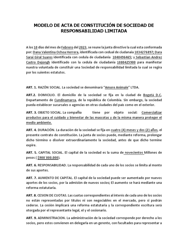 Acta de Constitucion Empresa | PDF | Sociedad de responsabilidad limitada