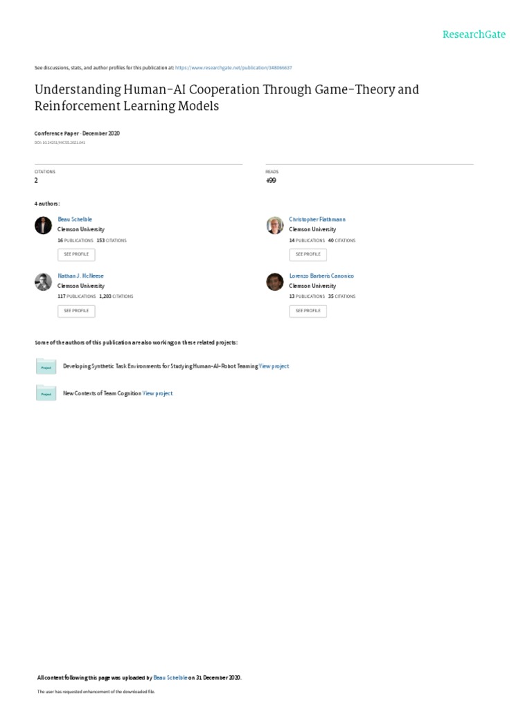 Understanding Human-AI Cooperation Through Game-Theory and Reinforcement Learning Models | PDF ...