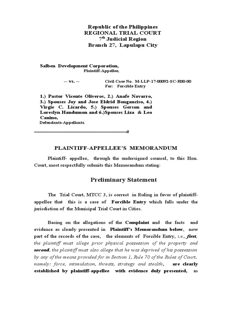 Appellee's Memorandum on Forcible Entry | PDF | Ownership | Power Of ...