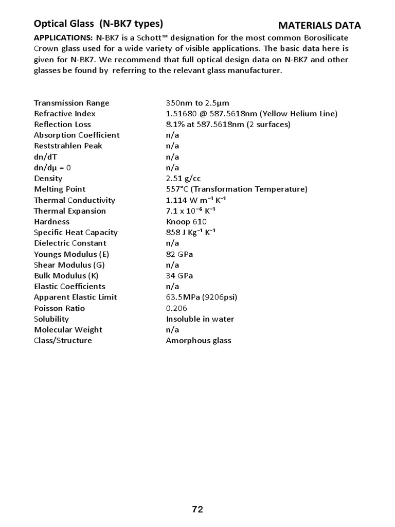 Optical Glass N BK7 Data Sheet | PDF | Science & Mathematics ...
