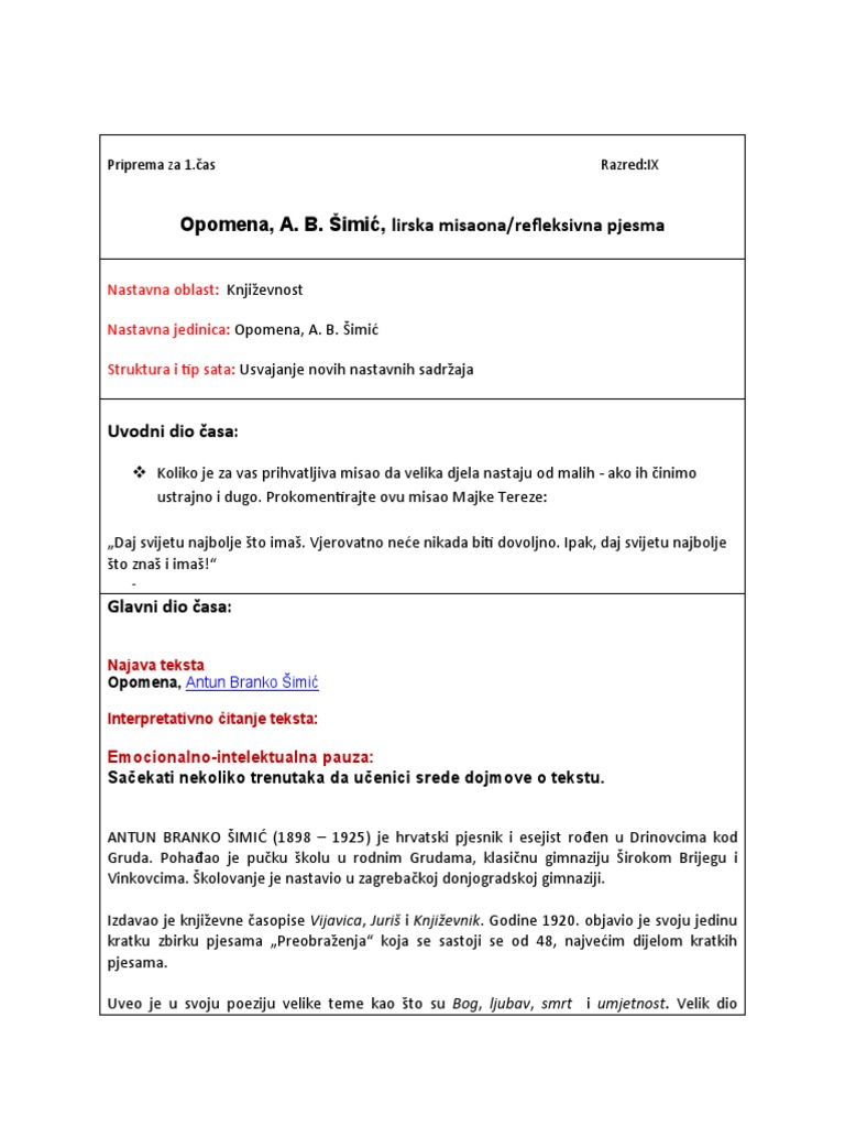 Priprema OPOMENA - ANTUN B ŠIMIĆ | PDF