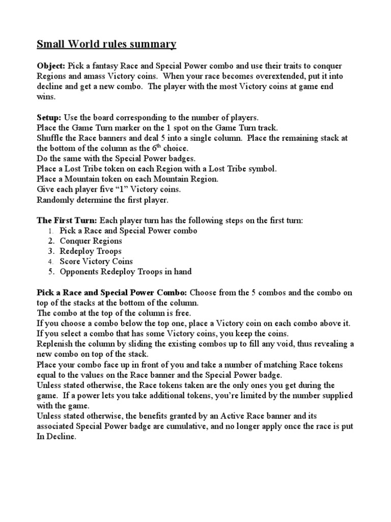 Small World Rules Summary v1 | PDF | Coins | Tabletop Games