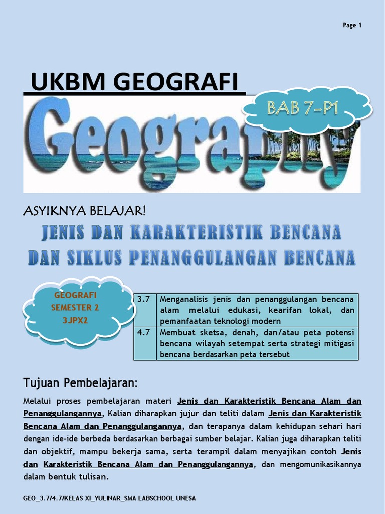 Ukbm 7-P1 Geografi - Kelas Xi - KD 3.7 Jenis Dan Karakteristik Bencana Alam | PDF | Kesehatan ...