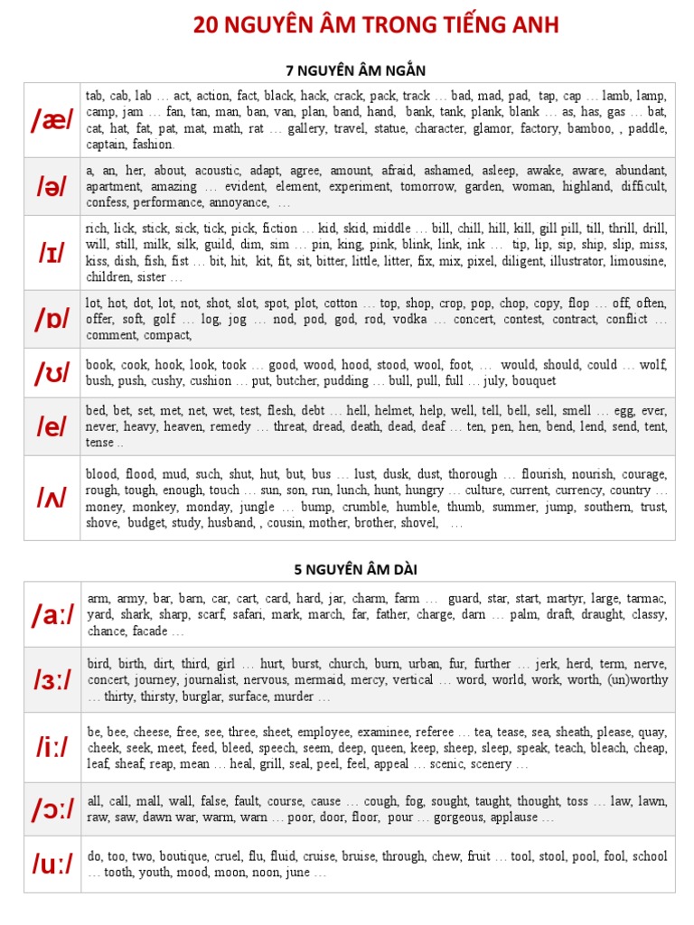 20 NGUYÊN ÂM TRONG TIẾNG AN1 | PDF