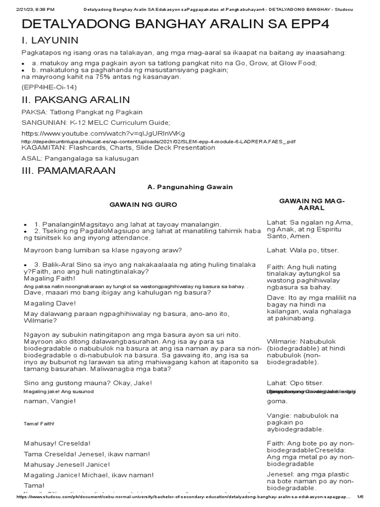 Detalyadong Banghay Aralin SA Edukasyon Sapagpapakatao at ...