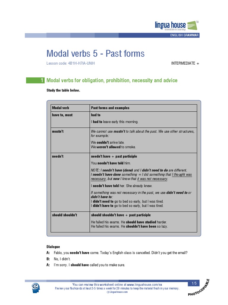 Modal Verbs 5 Past Forms | PDF | English Grammar | Verb