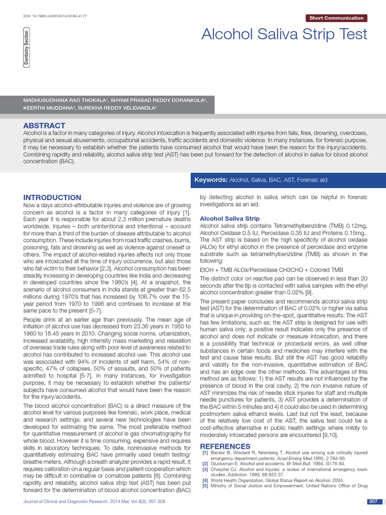 Evaluation of Alcohol Saliva Strip Tests as a Rapid and Non-Invasive ...