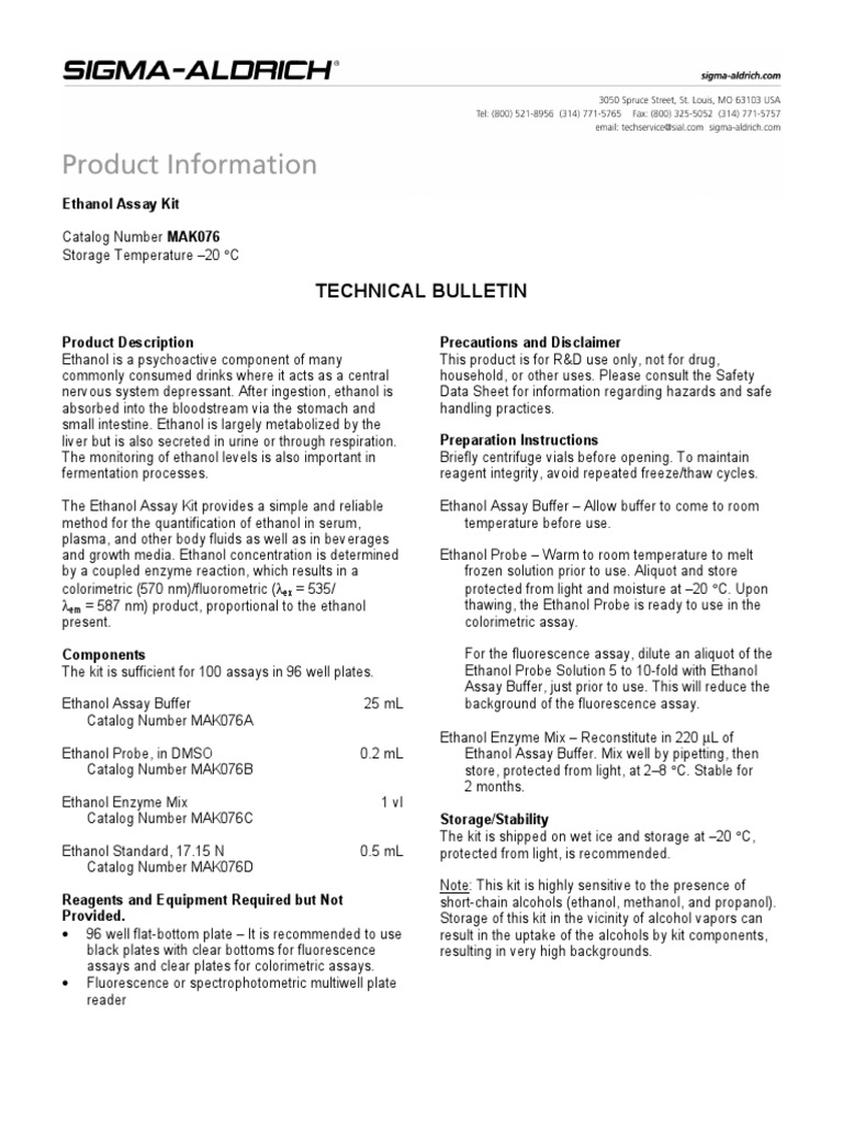 Ethanol Assay Kit | PDF | Ethanol | Fluorescence Spectroscopy