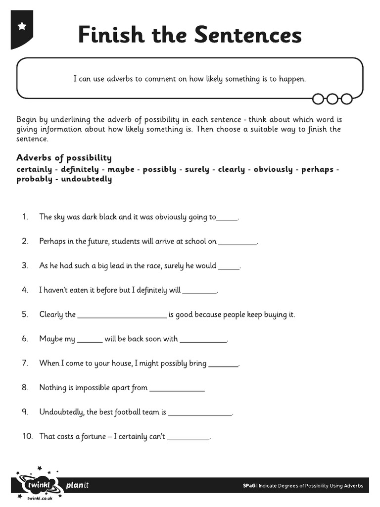 4 Differentiated Adverbs of Possibility Finish The Sentences Activity ...