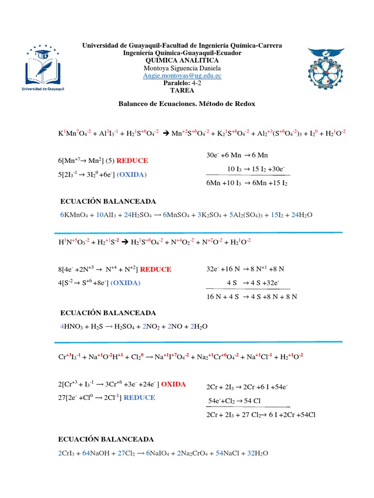 Ejercicios Metodo de Redox PDF | PDF | Redox | Física Aplicada e Interdisciplinaria