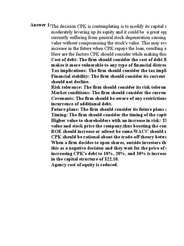 CPK Capital Structure Optimization Analysis | PDF | Capital Structure ...