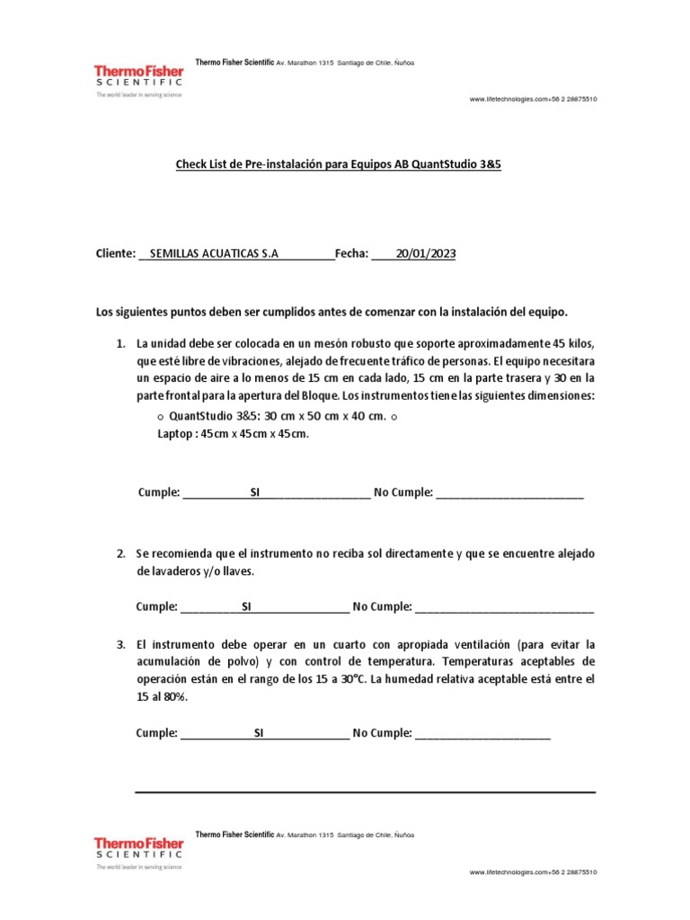 Check List Pre-instalación QuantStudio | PDF | Transmisión de datos ...