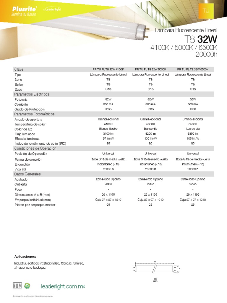 PAQ 5 PART 1 - Ficha-TU-FL-T8-32W F32T8 - PLUSRITE | PDF | Lámpara fluorescente | Electromagnetismo