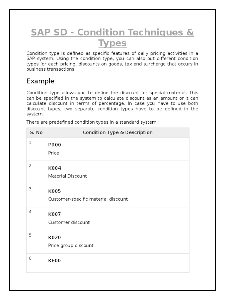SAP SD - Condition Types, Pricing & Discounts | PDF | Pricing | Rebate ... SAP SD - Condition Types, Pricing & Discounts | PDF | Pricing | Rebate ...